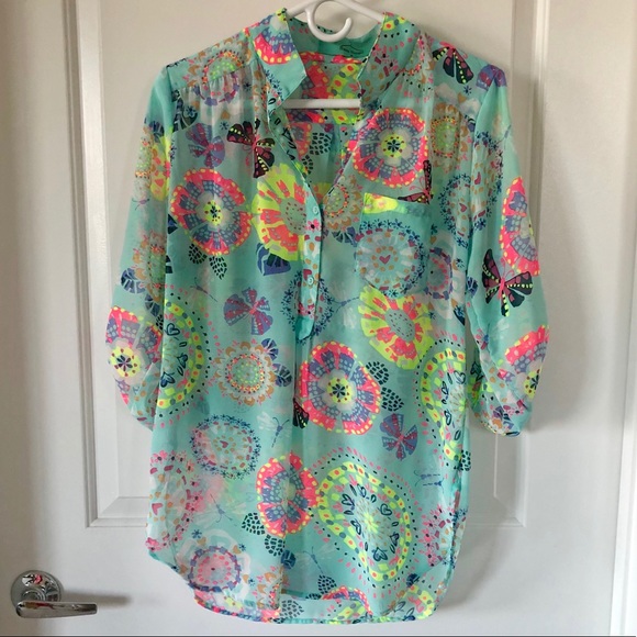 Haute Hanger | Tops | Bright Print Sheer Top | Poshmark
